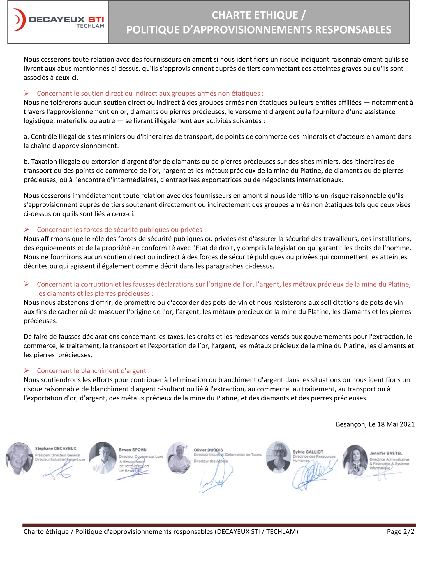 Charte éthique – Politique d’approvisionnements responsables